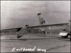 Boeing B-47 Stratojet, left outboard wing damage after midair collision ...