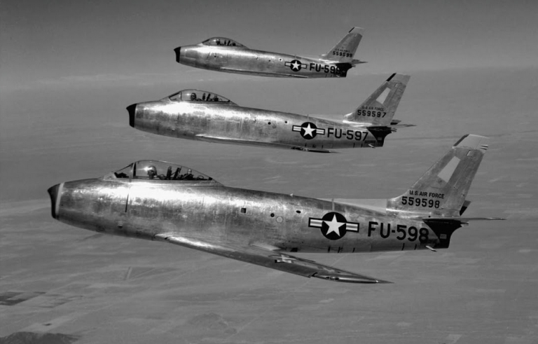 Flight of three XP-86 prototyoes. (NARA) | This Day in Aviation